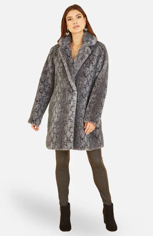 YUMI Snakeskin Print Faux Fur Coat