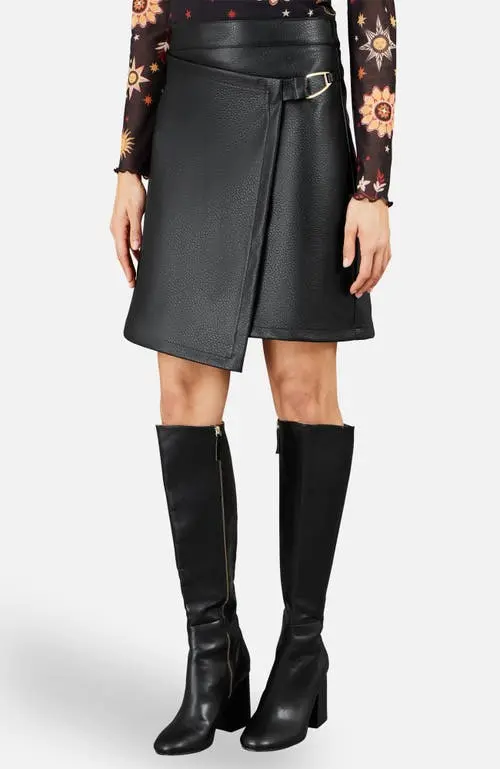 YUMI Faux Leather Wrap Skirt - Black
