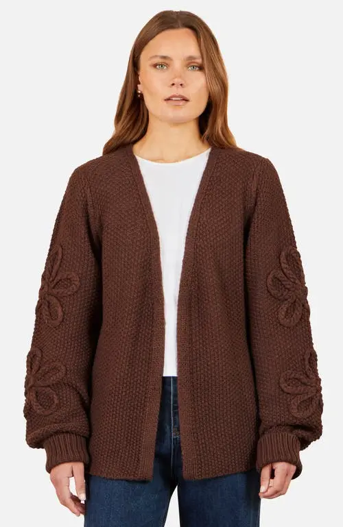 YUMI Knitted Flower Detail Sleeve Cardigan - Brown