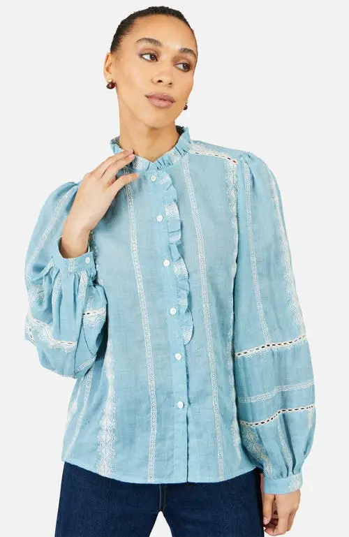 YUMI Cotton Embroidered Panel Shirt - Blue