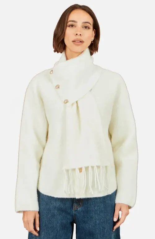 YUMI Eyelash Knit Scarf Neck Cardigan With Gold-tone Buttons