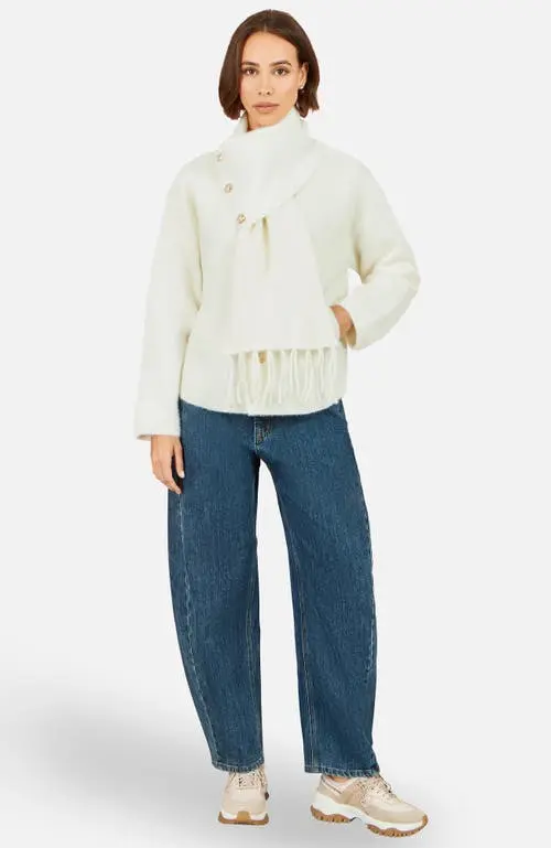 YUMI Eyelash Knit Scarf Neck Cardigan With Gold-tone Buttons
