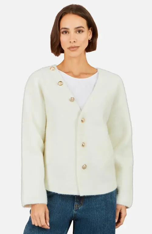 YUMI Eyelash Knit Scarf Neck Cardigan With Gold-tone Buttons