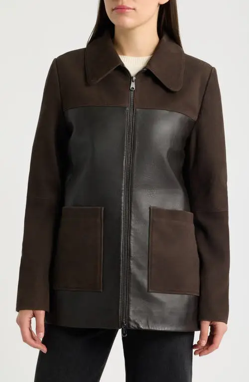 Bernardo Mixed Media Leather & Suede Shirt Jacket - Dark Brown