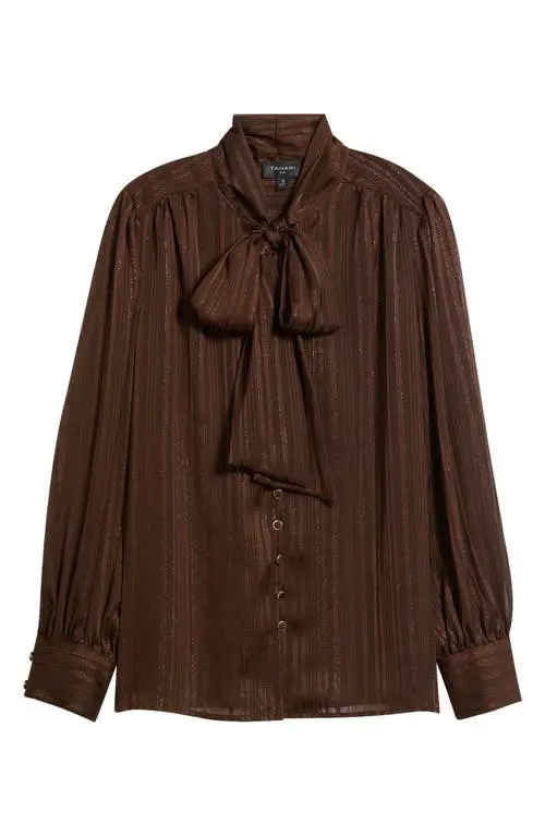 TAHARI ASL Metallic Stripe Chiffon Top - Espresso
