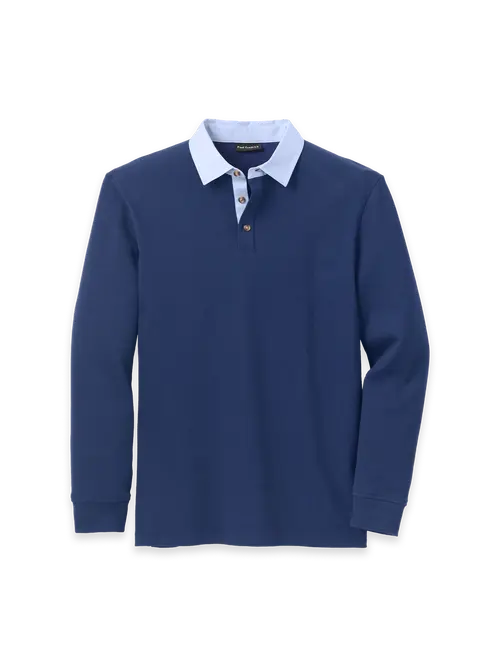PAUL FREDRICK Long Sleeve Cotton/polyester 3-button Polo With Woven Collar - Navy