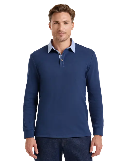 PAUL FREDRICK Long Sleeve Cotton/polyester 3-button Polo With Woven Collar - Navy