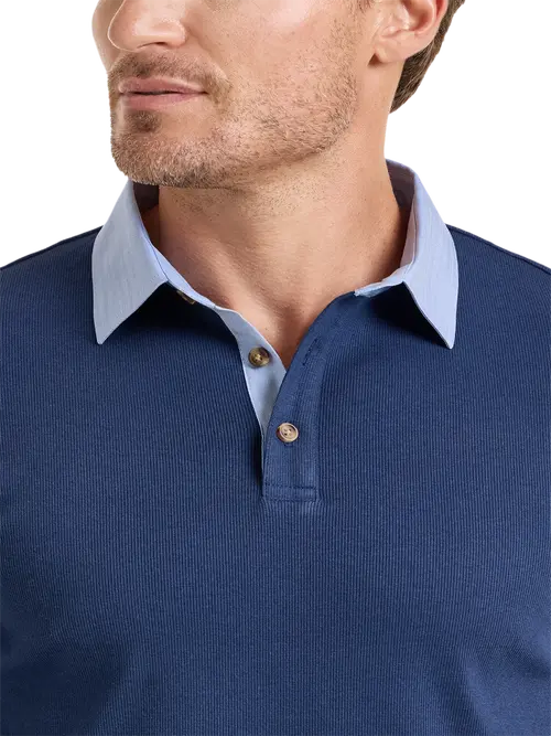 PAUL FREDRICK Long Sleeve Cotton/polyester 3-button Polo With Woven Collar - Navy