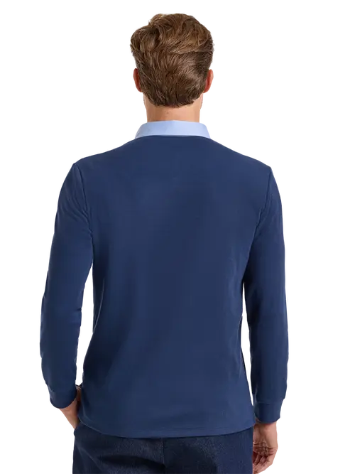 PAUL FREDRICK Long Sleeve Cotton/polyester 3-button Polo With Woven Collar - Navy