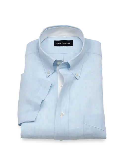 PAUL FREDRICK Linen Buttondown Collar Poplin Tailored Contrast Trim Hemmed Short Sleeve Shirt - Light Blue