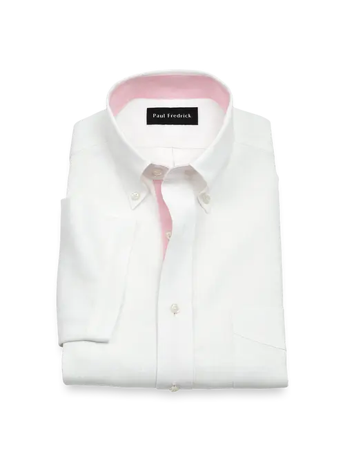 PAUL FREDRICK Linen Buttondown Collar Poplin Tailored Contrast Trim Hemmed Short Sleeve Shirt - White
