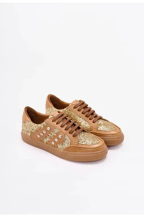 CLARA BARCELO Embellished Glitter Sneakers - Tan
