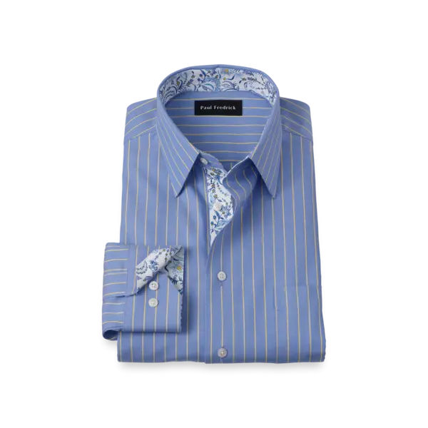 PAUL FREDRICK Cotton Point Collar Pinpoint Slim Contrast Trim Button Cuff Long Sleeve Shirt - Blue/yellow