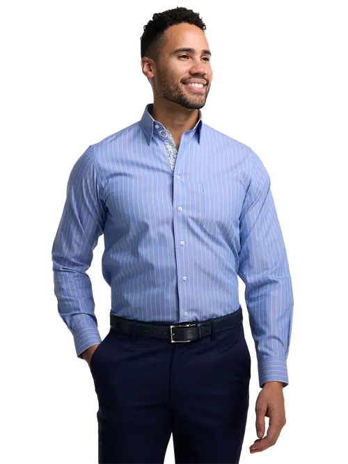 PAUL FREDRICK Cotton Point Collar Pinpoint Slim Contrast Trim Button Cuff Long Sleeve Shirt