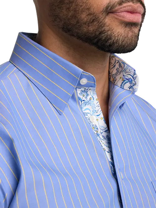 PAUL FREDRICK Cotton Point Collar Pinpoint Slim Contrast Trim Button Cuff Long Sleeve Shirt