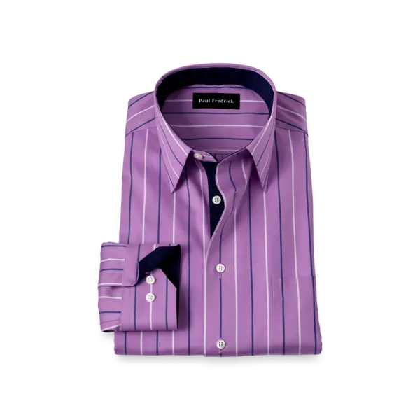 PAUL FREDRICK Cotton Point Collar Pinpoint Slim Contrast Trim Button Cuff Long Sleeve Shirt - Purple