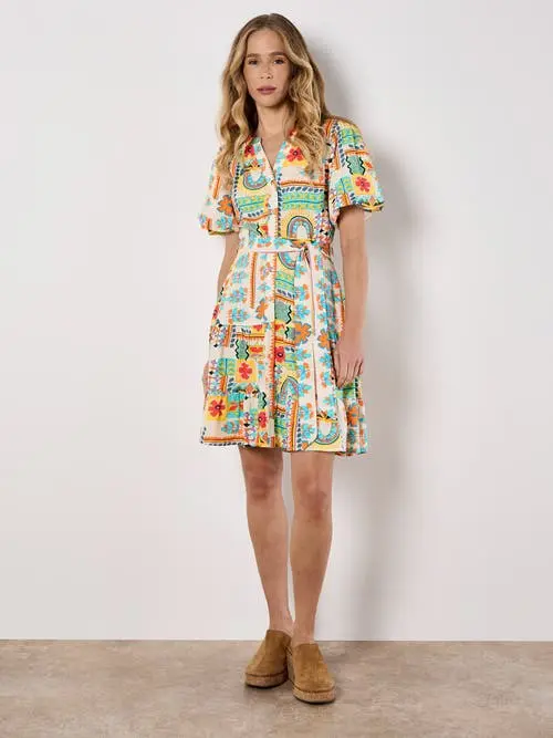 APRICOT Tropical Print Puff Sleeve Mini Dress