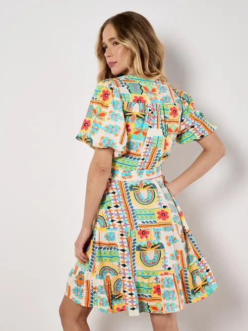 APRICOT Tropical Print Puff Sleeve Mini Dress