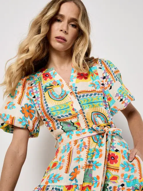 APRICOT Tropical Print Puff Sleeve Mini Dress
