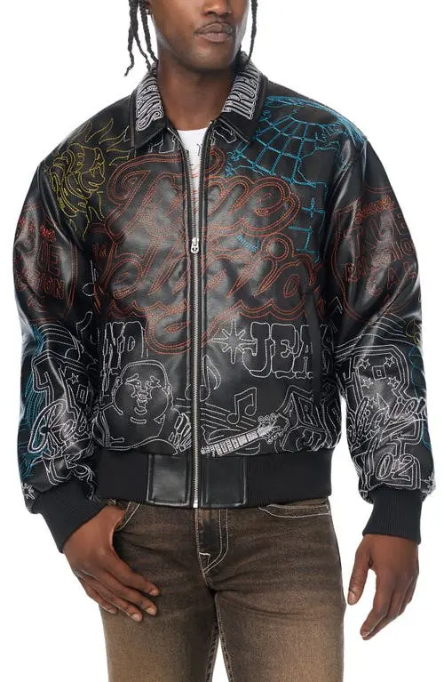 True Religion Trophy Faux Leather Bomber Jacket - Jet Black