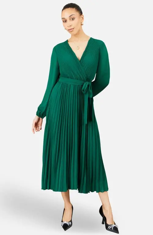 YUMI Pleated Wrap Midi Dress - Green