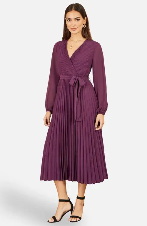 YUMI Pleated Wrap Midi Dress - Purple