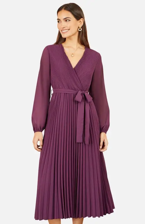 YUMI Pleated Wrap Midi Dress - Purple