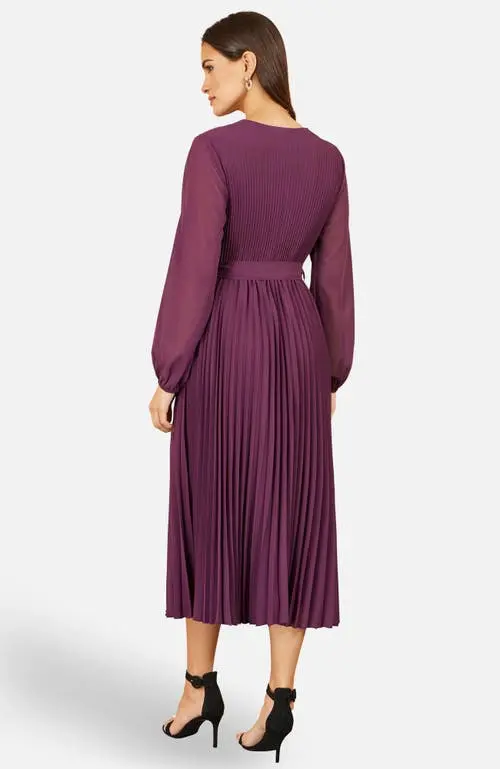 YUMI Pleated Wrap Midi Dress - Purple