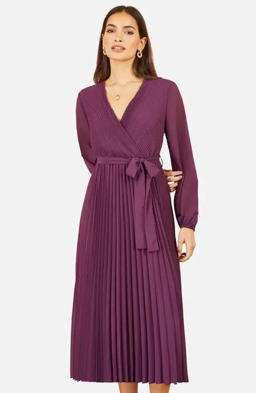 YUMI Pleated Wrap Midi Dress - Purple