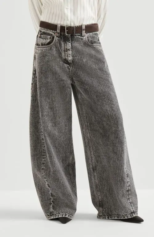 Brunello Cucinelli Prince Of Wales Denim Wide Trousers With Monili - Dark Grey