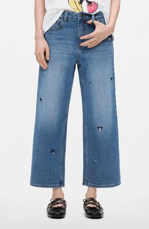 Desigual Mickey Mouse Embroidered High Waist Wide Leg Jeans - Light Blue