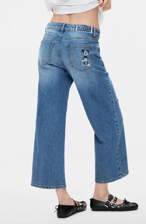 Desigual Mickey Mouse Embroidered High Waist Wide Leg Jeans