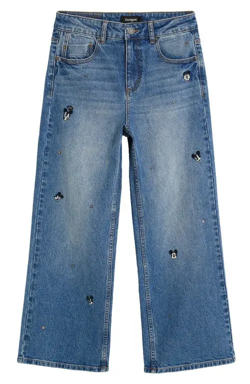 Desigual Mickey Mouse Embroidered High Waist Wide Leg Jeans