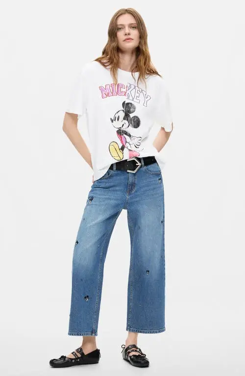 Desigual Mickey Mouse Embroidered High Waist Wide Leg Jeans