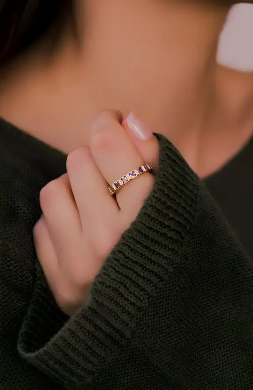 MINT & LILY Emerald Cut Birthstone Eternity Ring In 18k Gold-plated Sterling Silver - May Emerald