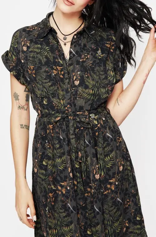 DISTURBIA Wither Fern Print Midi Shirt Dress