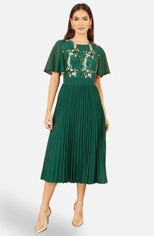 YUMI Sequin Embroidered Pleated Midi Dress - Green