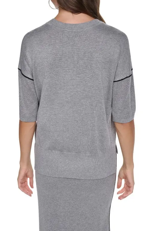 Dkny Contrast Trim Short Sleeve Sweater - Feather Ht