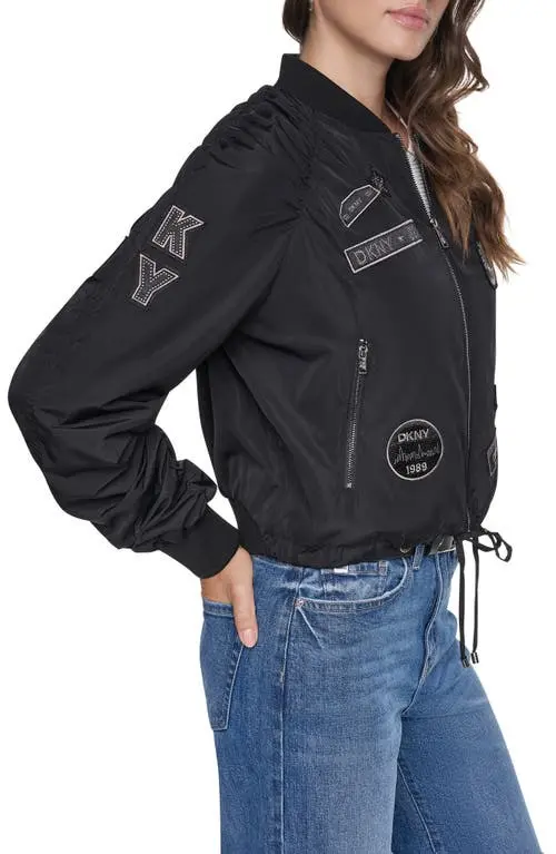 Dkny Ruched Pins & Patches Bomber Jacket - Black