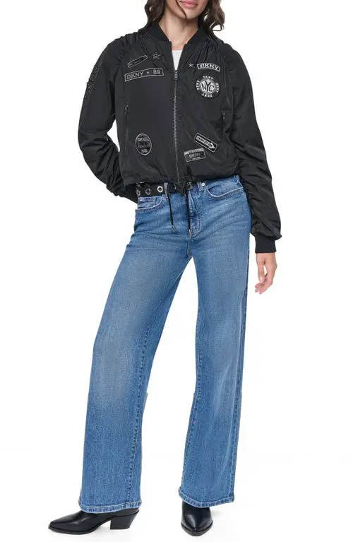 Dkny Cropped Bomber Jacket With Ruched Sleeves And Embroidered Patches - Black