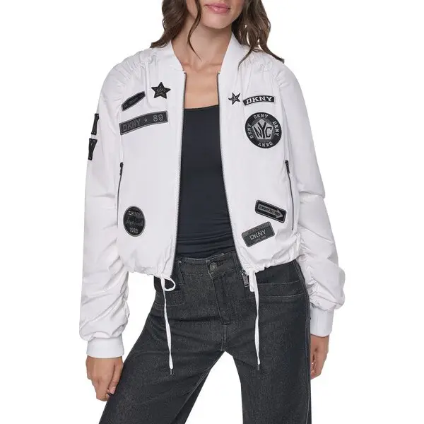Dkny Ruched Pins & Patches Bomber Jacket - Ivory