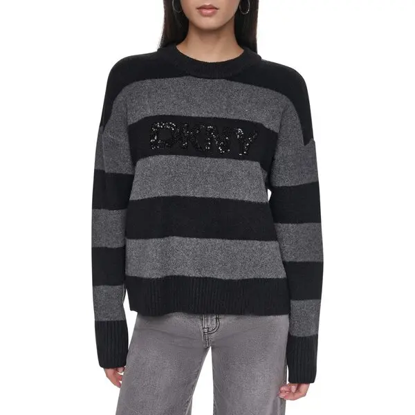 Dkny Sequin Logo Stripe Sweater - Blk/asphal