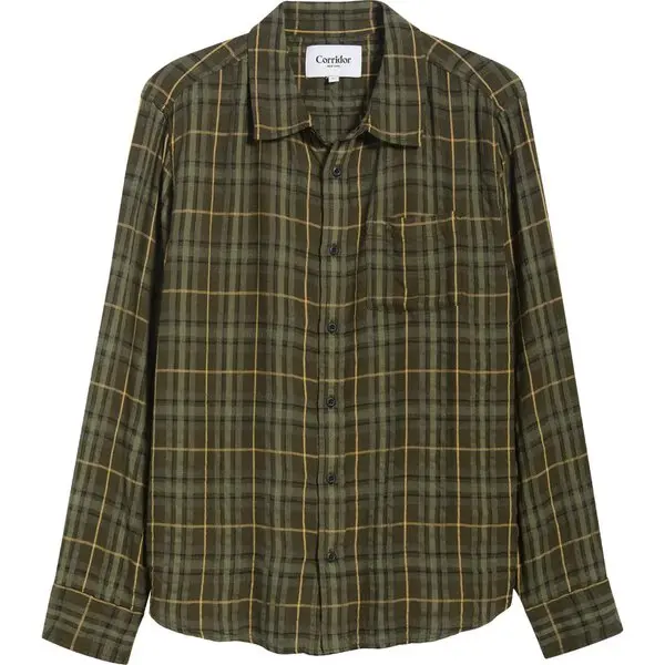 CORRIDOR Crinkle Plaid Cotton Blend Button-up Shirt - Olv