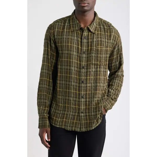 CORRIDOR Crinkle Plaid Cotton Blend Button-up Shirt - Olv