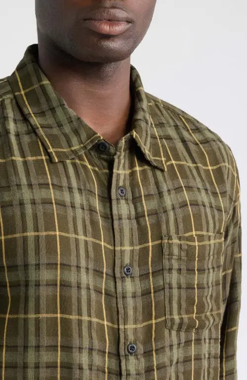 CORRIDOR Crinkle Plaid Cotton Blend Button-up Shirt - Olv