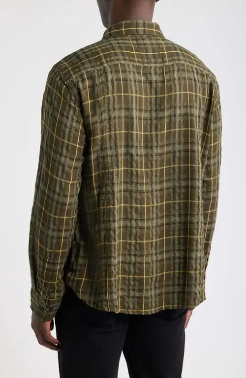 CORRIDOR Crinkle Plaid Cotton Blend Button-up Shirt - Olv