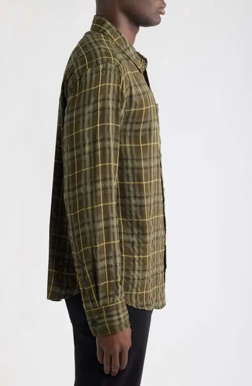 CORRIDOR Crinkle Plaid Cotton Blend Button-up Shirt - Olv