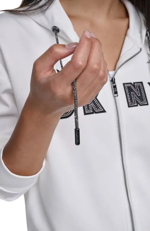 Dkny Crystal Logo Appliqué Zip-up Hoodie - Ivory
