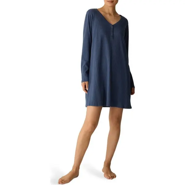 Eileen Fisher V-neck Henley Nightgown - Blueberry