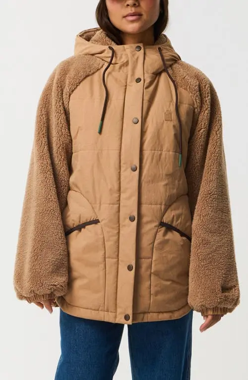 Rip Curl S-series Splice Faux Shearling Sleeve Puffer Jacket - Brown